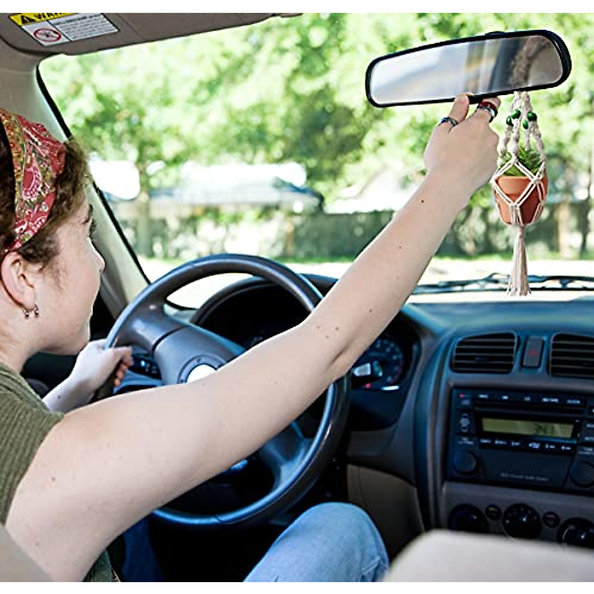 TIMECOSY Mini Macrame Plant Hanger Rear View Mirror Car Cactus Charm Decorations Boho Hanging Plant Holder, Tiny Car Succulent Gifts for Plant Lover, 10.5-Inch