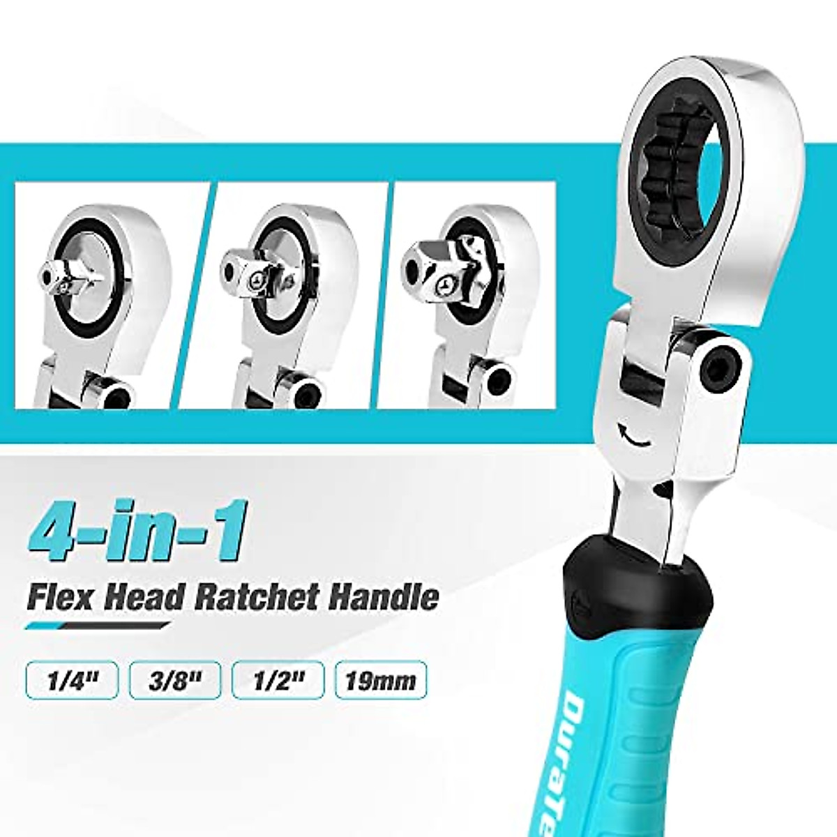 DURATECH 4-in-1 Flex-Head Ratchet Set, 19mm Ratcheting Wrench with Interchangeable 1/4", 3/8", 1/2" Drive Head, 72 Tooth, Preminum CR-V Steel Made
