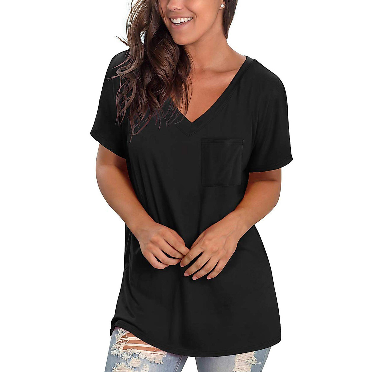 TODOLOR Summer T Shirts for Women Tunic Tops for Leggings Short Sleeve Loose Blouse Plus Size Black 3XL