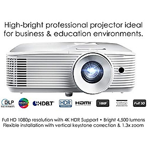 Optoma EH412 1080P HDR DLP Professional Projector | Super Bright 4500 Lumens | Business Presentations, Classrooms, and Meeting Rooms | 15000 Hour Lamp Life | 4K HDR Input | Speaker Built in , White
