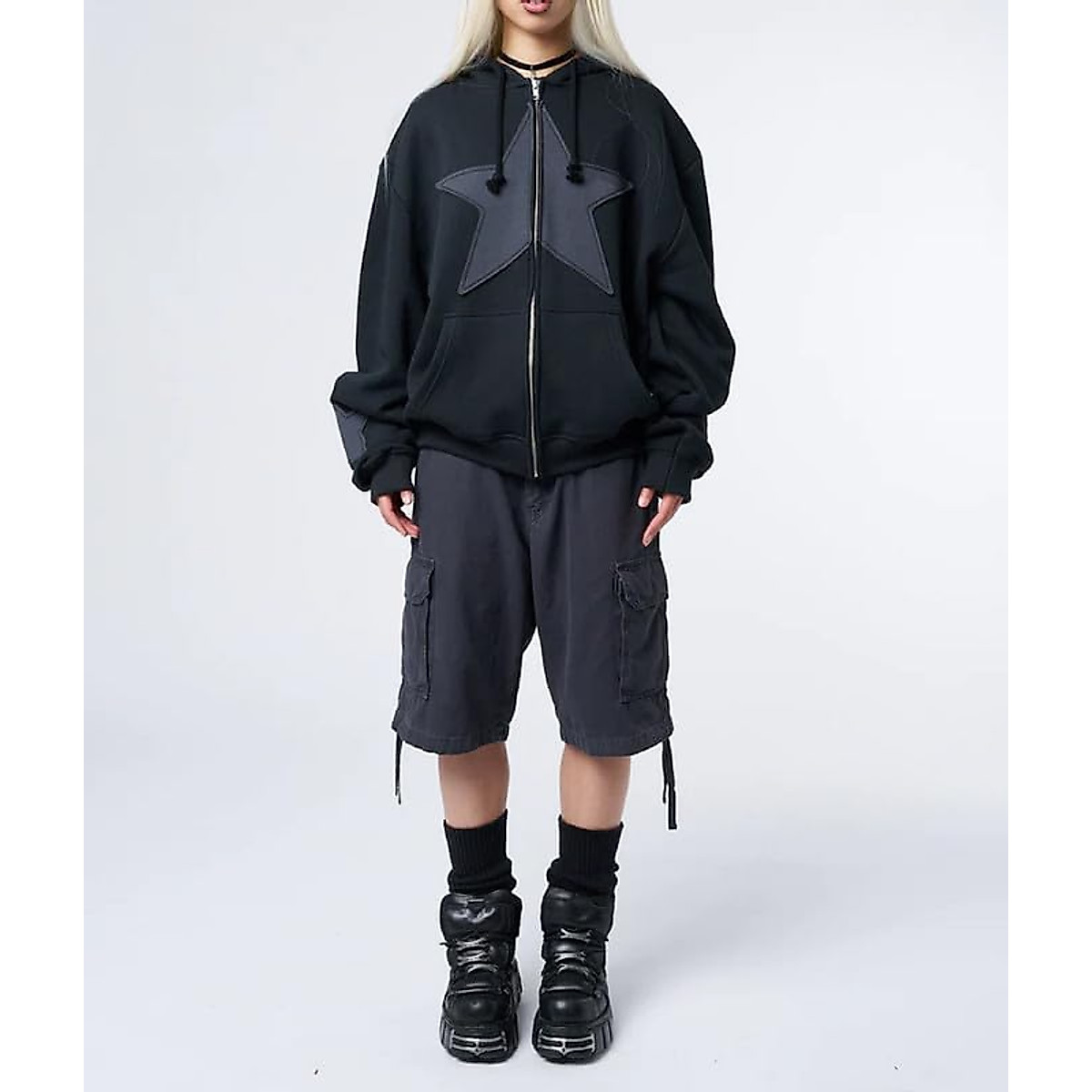 Womens Y2K Long Sleeve Hoodies Zip Up Star Graphic Track Jackets Hip Hop Harajuku Oversized Sweater Sweatshirts