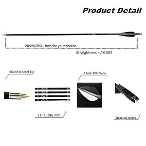 12 Pack Archery Carbon Arrows 350 Spine Shafts with Field Points for Compound and Recurve Bows Target Shooting Hunting(31 Inch)