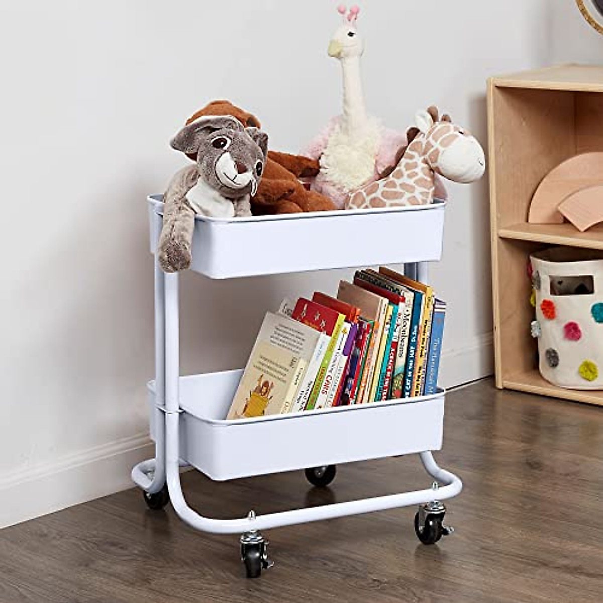 ECR4Kids 2-Tier Metal Rolling Utility Cart - Under Desk Office Storage, Multipurpose Mobile Organizer, White