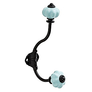 Liberty Black Coat and Hat Hook with Aqua Blue Ceramic Melon Knob Accents