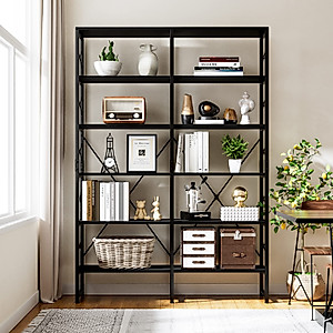 NUMENN Double Wide 6 Tier Bookshelf, Open Large Book Shelves, Tall Bookcases, Shelf Storage Organizer, Wood and Metal Display Shelf for Bedroom, Living Room and Home Office, Black