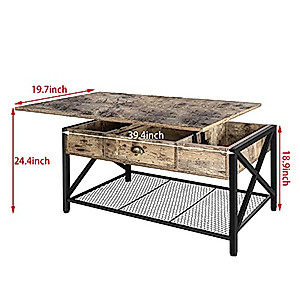 Coffee Table, Lift Top Coffee Table with Storage Shelf and 2 Hidden Compartment + 1 Drawer, Retro Central Table with Wooden Lift Tabletop for Living Room Home Office,Rectangle(Brown)