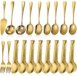 Tanlade 19 Pcs Stainless Steel Serving Utensils Set Flatware Include Spoons Forks Slotted Spoons Soup Ladle Skimmers Pie Server Serving Tongs for Home Buffet Party Breakfast Dinner(Gold)