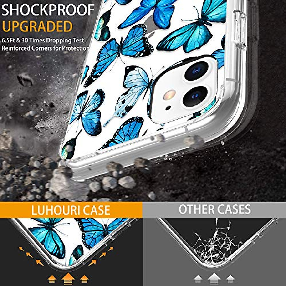 LUHOURI LUHOURI iPhone 11 Case with Screen Protector, Clear Fashion Designs Protective Phone Cover for Women Girls, Slim Fit Durable Acrylic Phone Case for iPhone 11 6.1" Blue Butterflies Flower