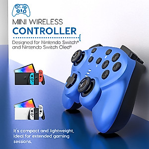 TalkWorks Mini Wireless Controller for Nintendo Switch And Switch OLED - Rechargeable Battery, 6-Axis Motion Control and Vibration - Ergonomic Design, Lightweight and Compact for All Ages - Blue