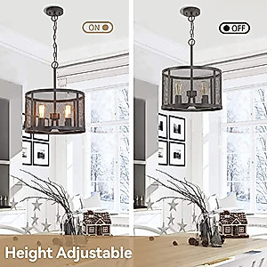 KARMIQI 4-Light Industrial Pendant Light Fixture Bulbs Included, Vintage Farmhouse Black Metal Cage Hanging Ceiling Light, Drum Chandelier with Adjustable Chain for Kitchen Island Dining Room