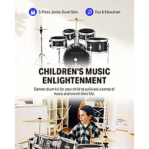 Kid Drum Sets-Donner 5-Piece for Beginners, 14 inch Full Size Complete Junior Drum Kit with Adjustable Throne, Cymbal, Hi-Hat, Pedal & Drumstick, Metallic Black