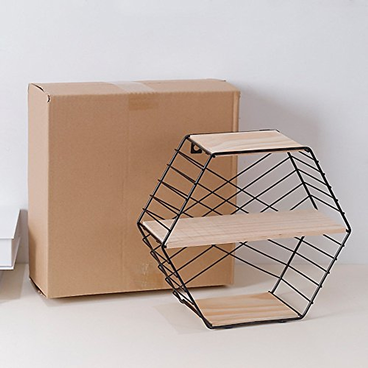 Doremy Floating Shelf,Wall Mounted Modern Simple Geometry Wood Metal Wire Hexagon Plant Flower Wall Decoration Wall Storage Shelves Display Racks Perfect for Bedroom,Living Room,Office (White)