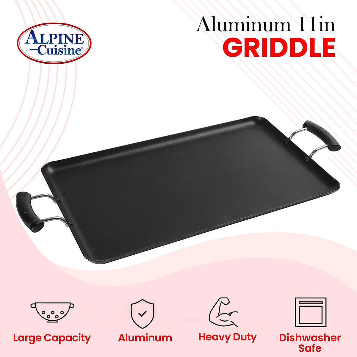Alpine Cuisine Aluminum Griddle Pan 19x11in | Nonstick Coating & Heat Resistant | Gas Stove Griddle for Cookware with Double Handle - Ideal for BBQ & Serving Pancakes, Hand Wash - Gray