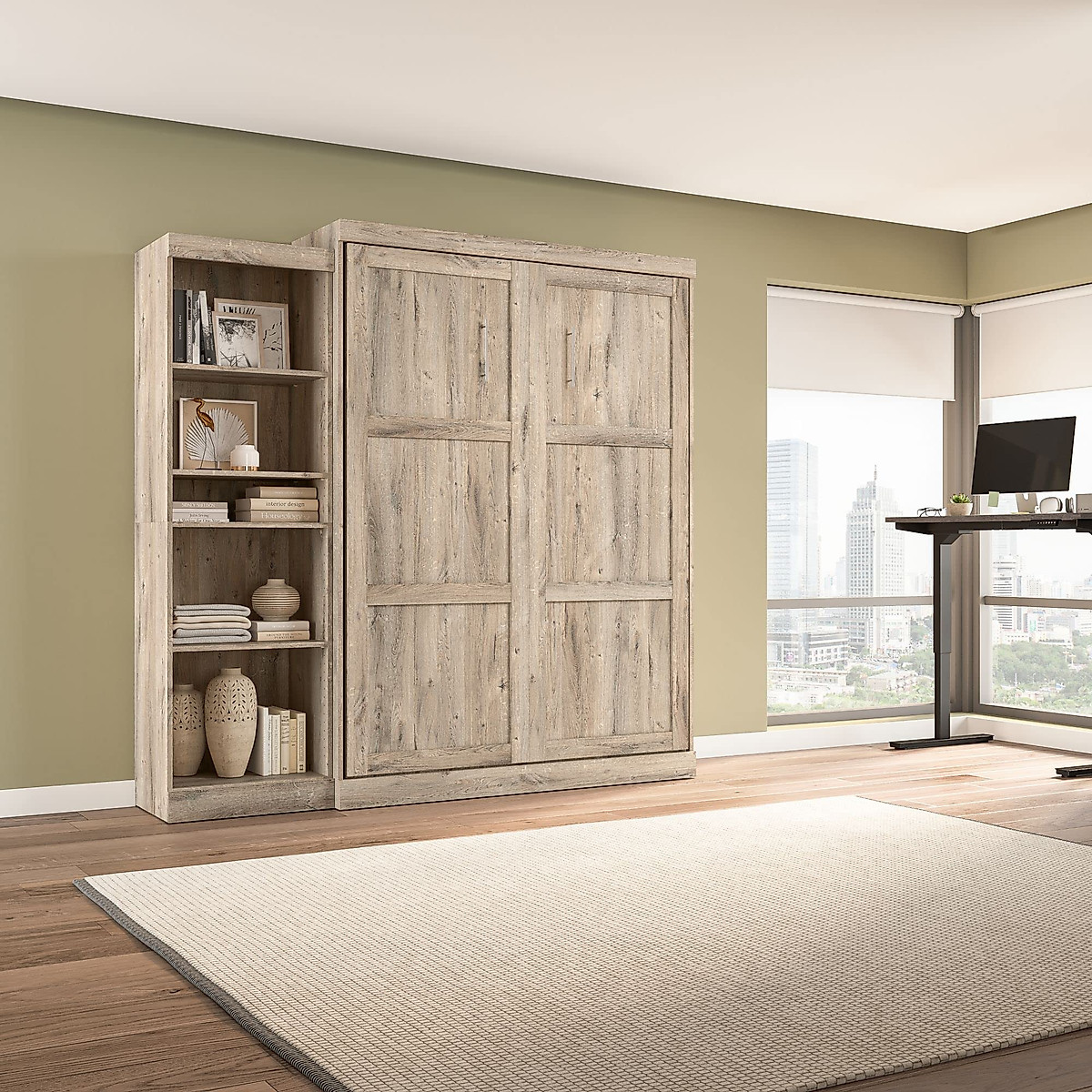 Bestar Pur Queen Murphy Bed and Shelving Unit with Drawers, 90-inch Space-Saving Sleeping Arrangement in Rustic Brown