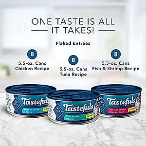 Blue Buffalo Tastefuls Natural Flaked Wet Cat Food Variety Pack, Tuna, Chicken and Fish & Shrimp Entrées in Gravy 5.5-oz Cans (24 Count - 8 of Each)