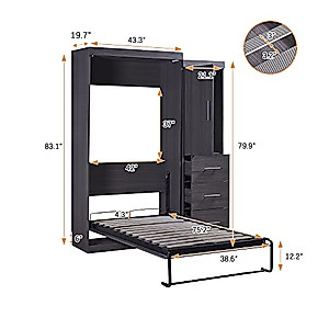 P PURLOVE Multifunctional Murphy Bed Twin with Wardrobe and 3 Drawers, Bed Frame with Slates, Storage Bed Can Be Folded Into A Cabinet for Small Spaces, Apartments, Studio (Gray)