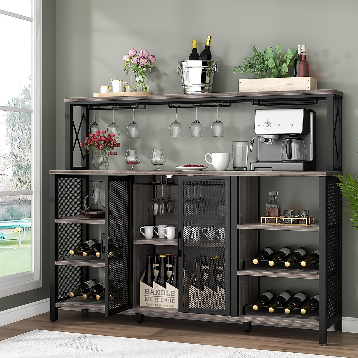 Gyfimoie Wine Bar Cabinet, 55 Inches Industry Coffee Bar Cabinet with Wine Rack and Glass Holder, Kitchen Sideboard Buffet Cabinet with Wine Rack Storage for Liquor and Glasses (Rustic Grey)