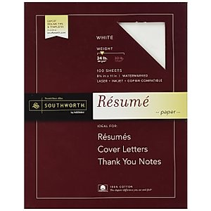 Southworth 100% Cotton Resume Paper, White, 24 lbs, Wove, 8-1/2 x 11, 100/Box