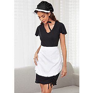 KUOIN Waist Apron Bonnet Set Colonial Apron Cap Ruffle Retro Maid Hat Apron With Pockets Cooking Kitchen Revolutionary Dress Up Cosplay (black)