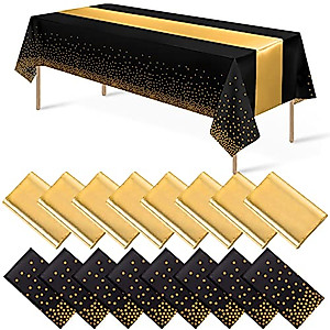 16Pack Disposable Plastic Tablecloths and Satin Table Runner Set Black Gold Dot Table Cloth Gold for Graduation Wedding Birthday Baby Shower Anniversary Holiday Party Decorations