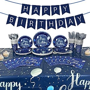 Navy Blue Birthday Party Decorations with Silver Stamped Tableware Set includes; Starry Theme Tablecloth, 9" and 7" Plates, Cups, Napkins, Utensils and Happy Birthday Banner -24 Guest