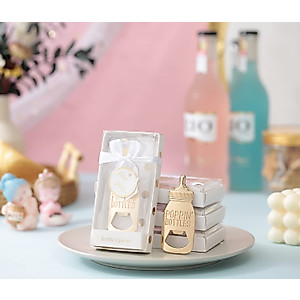 24Packs Golden Baby Bottle Openers for Baby Shower Favors Gifts, Decorations Souvenirs, Poppin Bottles Openers with Exquisite Gifts Box used for Guests Gender Reveal Party Favors (white, 24)