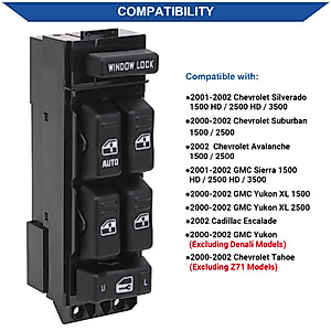 Obaee Car Power Window Switch Control Open Button Compatible with 2000 2001 2002 Chevy Tahoe Suburban Silverado Avalanche GMC Yukon Sierra 1500 2500 3500 Cadillac Escalade Replaces 19259961 ‎15062650