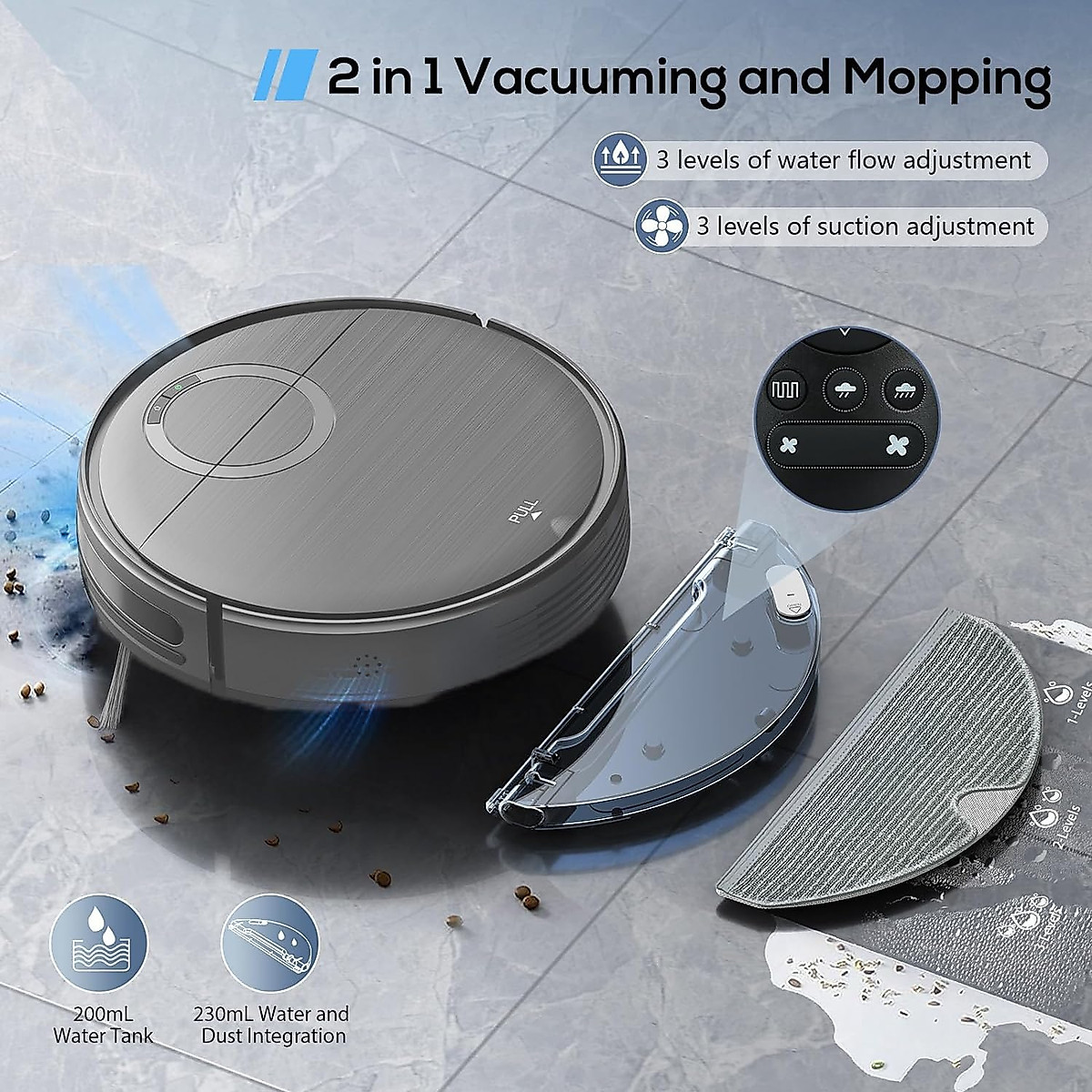 Robot Vacuum and Mop Combo, 2 in 1 Mopping Robot Vacuum Cleaner with Schedule, Wi-Fi/App/Remote, 2000Pa Max Suction, Self-Charging Robotic Vacuum, Slim, Ideal for Hard Floor, Pet Hair, Low-Pile Carpet