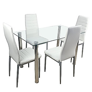 SSLine 5 Pieces Dining Table Set,Kitchen Room Tempered Glass Dining Table,Dining Table Set with 4 PU Leather Chairs,Home Furniture for Small Spaces Kitchen (Creamy White)