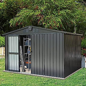 Evedy Outdoor Shed - 10 x 8 FT Storage Sheds Galvanized Metal Shed with Slide Door, Tool Storage Backyard Shed Bike Shed, Tiny House Garden Tool Storage Shed for Backyard Patio Lawn