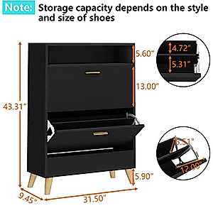 Gyfimoie Shoe Storage Cabinets, Free Standing Shoe Organizer with 2 Flip Drawers for Entryway, Narrow 3 Tier Entryway Hidden Shoe Rack with Doors (Black)