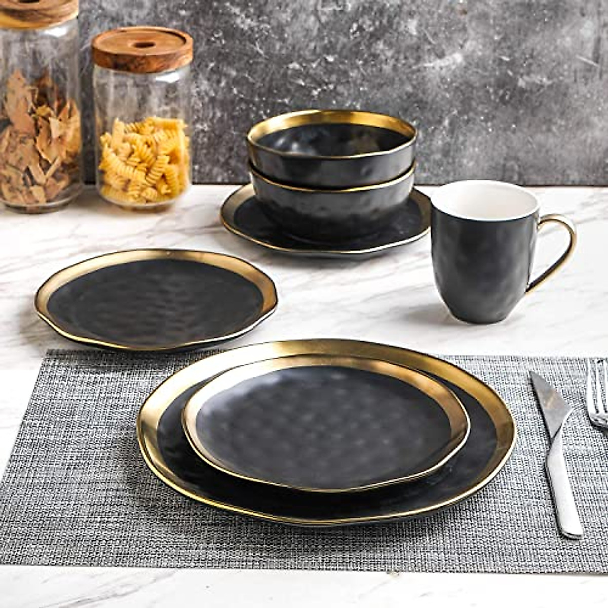 Stone Lain Porcelain 16 Piece Dinnerware Set, Service for 4, Black and Golden Rim