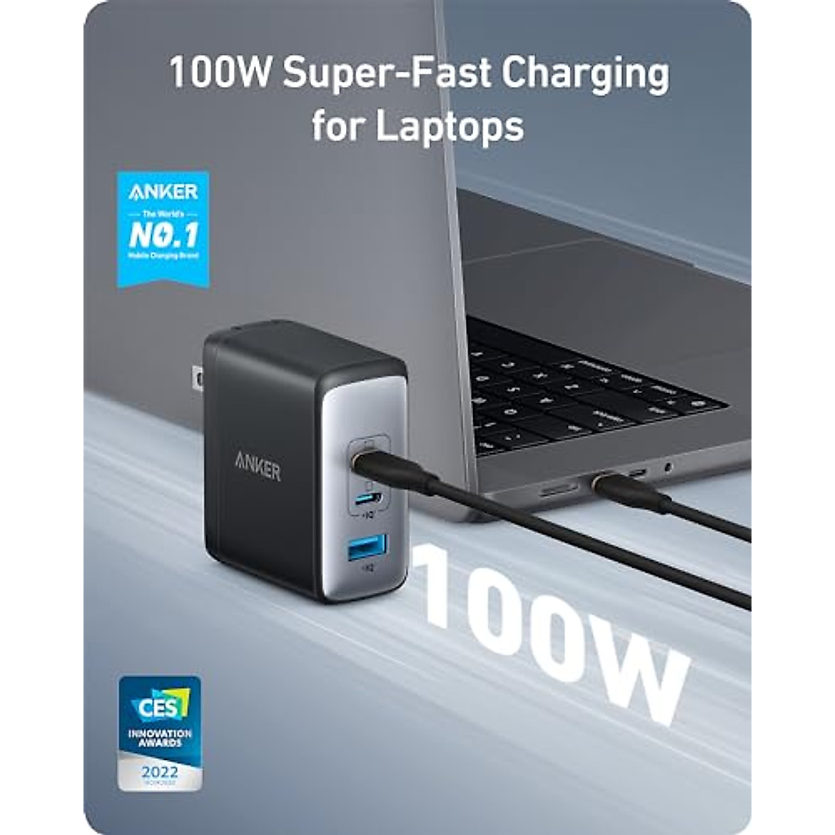 Anker 100W USB C Charger Block(GaN II), 3 Port Fast Compact Wall Charger for MacBook Pro, MacBook Air, Google Pixelbook, ThinkPad, Dell XPS, iPad Pro, Galaxy S22/S20, iPhone 15/14/Pro, and More