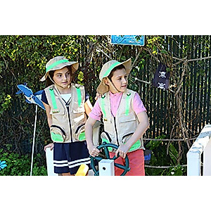 Eagle Eye Explorer S/M Combination Set Safe for Boys and Girls: 1 Tan Cargo Vest for Kids with Reflective Safety Straps & 1 Floppy Bucket Sun Hat with Chin Strap. Color: Tan