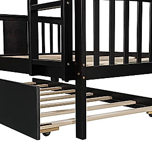 BIADNBZ Full Over Full Bunk Bed with Twin Size Trundle, Ladder and Safety Guardrail, Solid Wood Bunkbed Frame for Kids Teens Adults Bedroom, Espresso