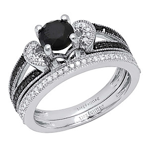 Dazzlingrock Collection 6mm Round Black Diamond & White Diamond Solitaire Style Collar Split Shank Wedding Ring Set for Her in 925 Sterling Silver Size 6
