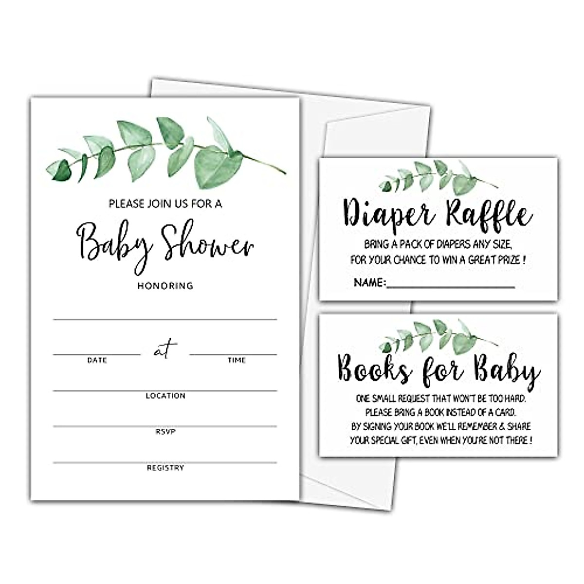 Baby Shower Invitation Kit, Diaper Raffle Games, Books For Baby, Greenery, Eucalyptus Baby Gender Reveal Fill In Invites Cards, Each Design 25 Cards & 25 Envelopes （A Total of 100 set）- BABYSET-017