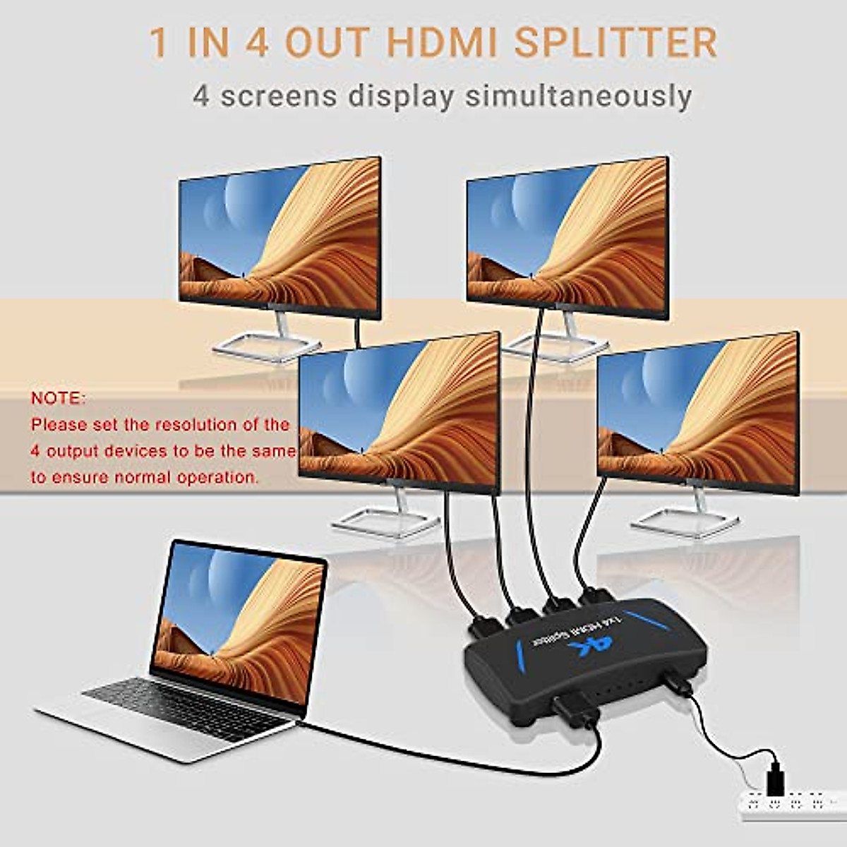4K HDMI Splitter 1 in 4 Out, avedio links 1x4 HDMI Splitter Duplicate/ Mirror Screen, 4 Port HDMI Splitter Powered Support 4Kx2K@30Hz 3D for PS5, Roku, TV Box - 1 Source to 4 Displays