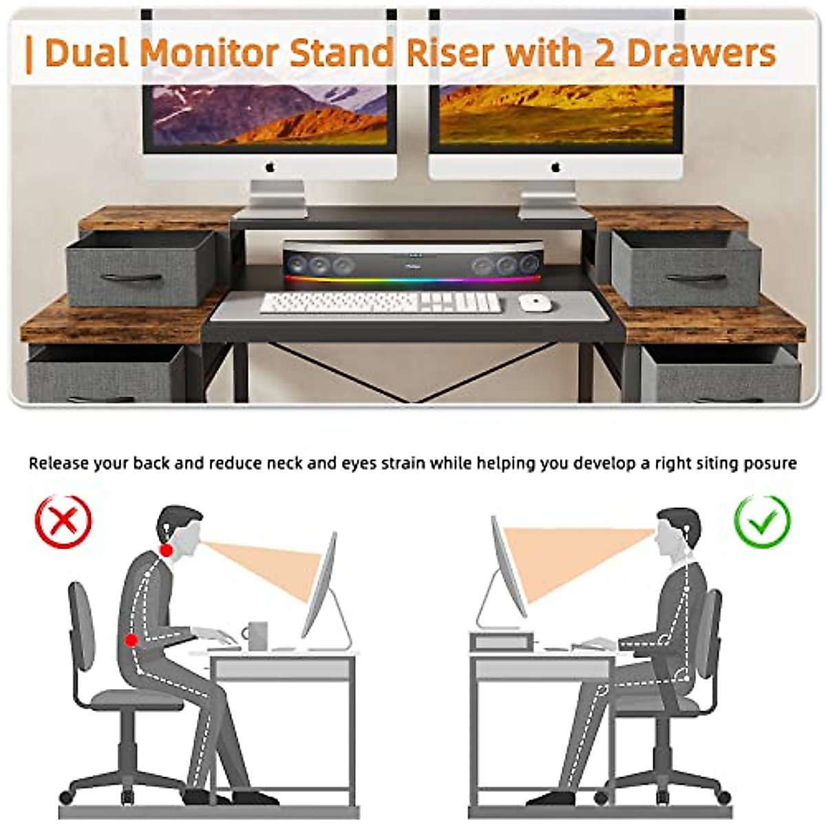 YAOHUOO Computer Desk with Dual Monitor Stands - 48'' Office Desk Writing Desk with 4 Drawers and Keyboard Storage, Work Desk with Dual PC Mainframe Shelves for Storage (Rustic Brown, 48)