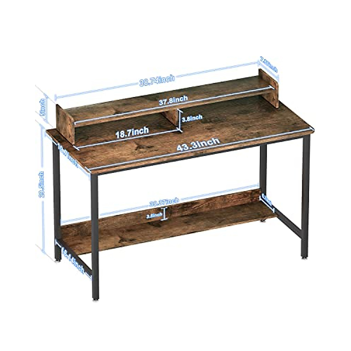 WOODYNLUX Computer Desk with Shelves, 43 Inch Gaming Writing Desk, Study PC Table Workstation with Storage for Home Office, Living Room, Bedroom, Metal Frame, Rustic.