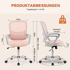 Sweetcrispy Office Computer Desk Chair, Ergonomic Mid-Back Mesh Rolling Work Swivel Task Chairs with Wheels, Comfortable Lumbar Support, Comfy Arms for Home, Bedroom, Study, Student, Pink