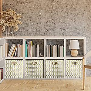 Posprica Storage Bins, Storage Cubes,13×13 Fabric Drawers Organizer Basket Boxes Containers (13×13×13/4pcs, Cream/gold geometry Pattern)