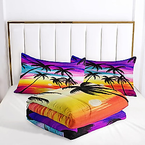 Tropical Sunset Palm Tree Comforter Set for Kids and Adults, Queen Size Sea Ocean Sunset Quilt Bedspreads with 2 Silhouette Sunset Pillowcases - 90" x 90" (Queen, Yellow)