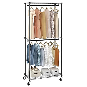 VEVOR Heavy Duty Clothes Rack, Double Hanging Rods Clothing Garment Rack with Bottom and Top Storage Tier, Rolling Clothing Rack for Hanging Clothes, 1'' Diameter Thicken Steel Tube Hold Up to 300Lbs