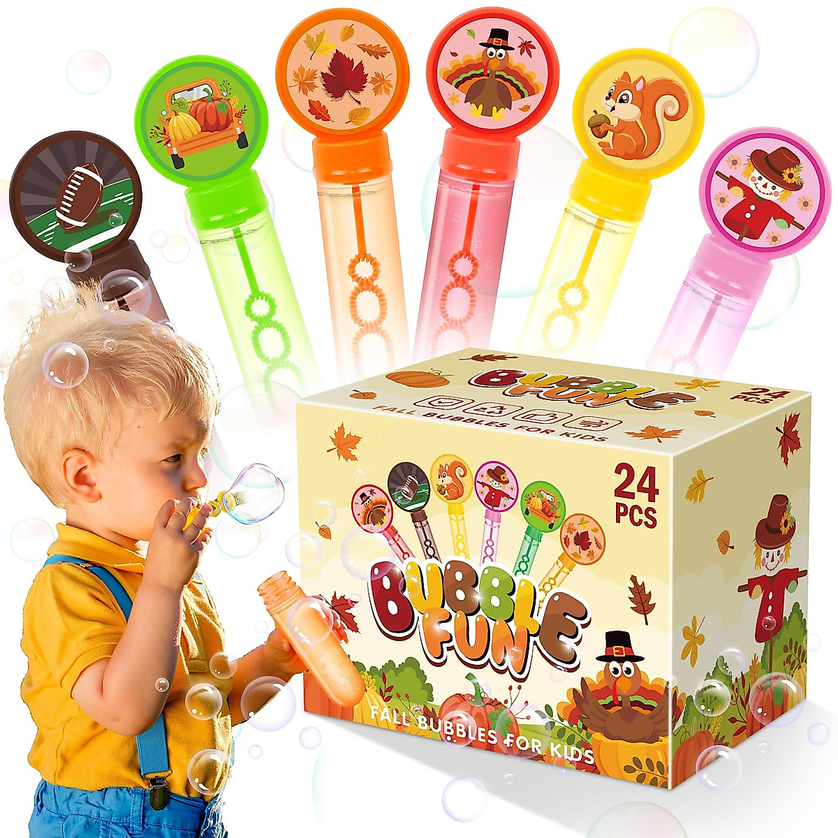 24 Pack Fall Party Favors Bubble Wands - Maple Leaves, Pumpkins, and Turkey Designs, Bubble Toys for Fall Thanksgiving Party Favors Goodie Bag Stuffers Classroom Prizes Thanksgiving Gifts