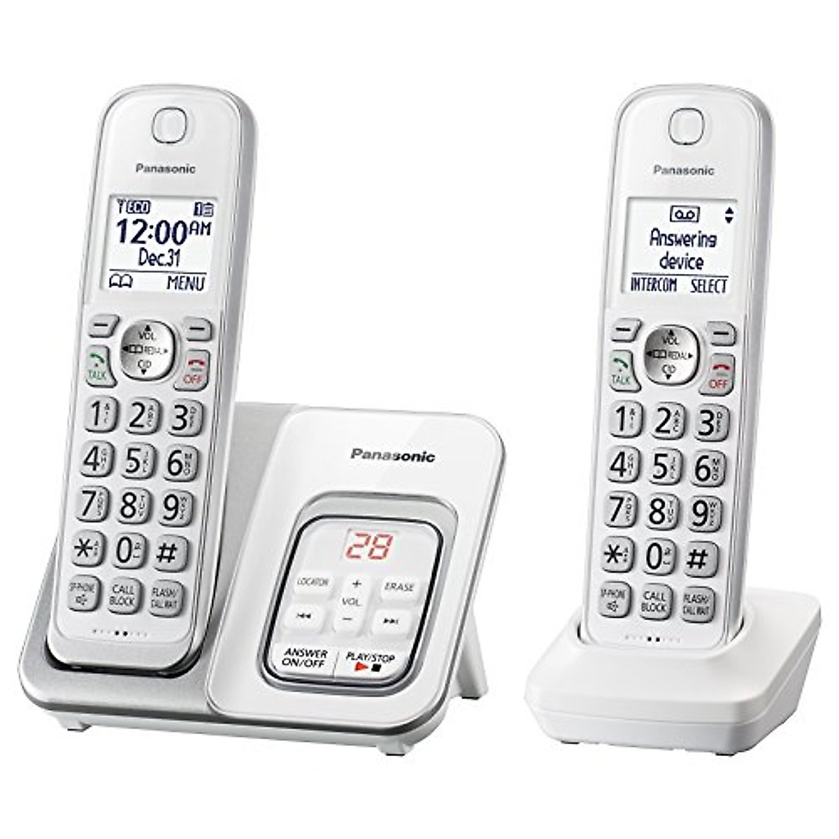Panasonic DECT 6.0 Expandable Cordless Phone with Answering Machine and Smart Call Block - 2 Cordless Handsets - KX-TGD532W (White/Silver)