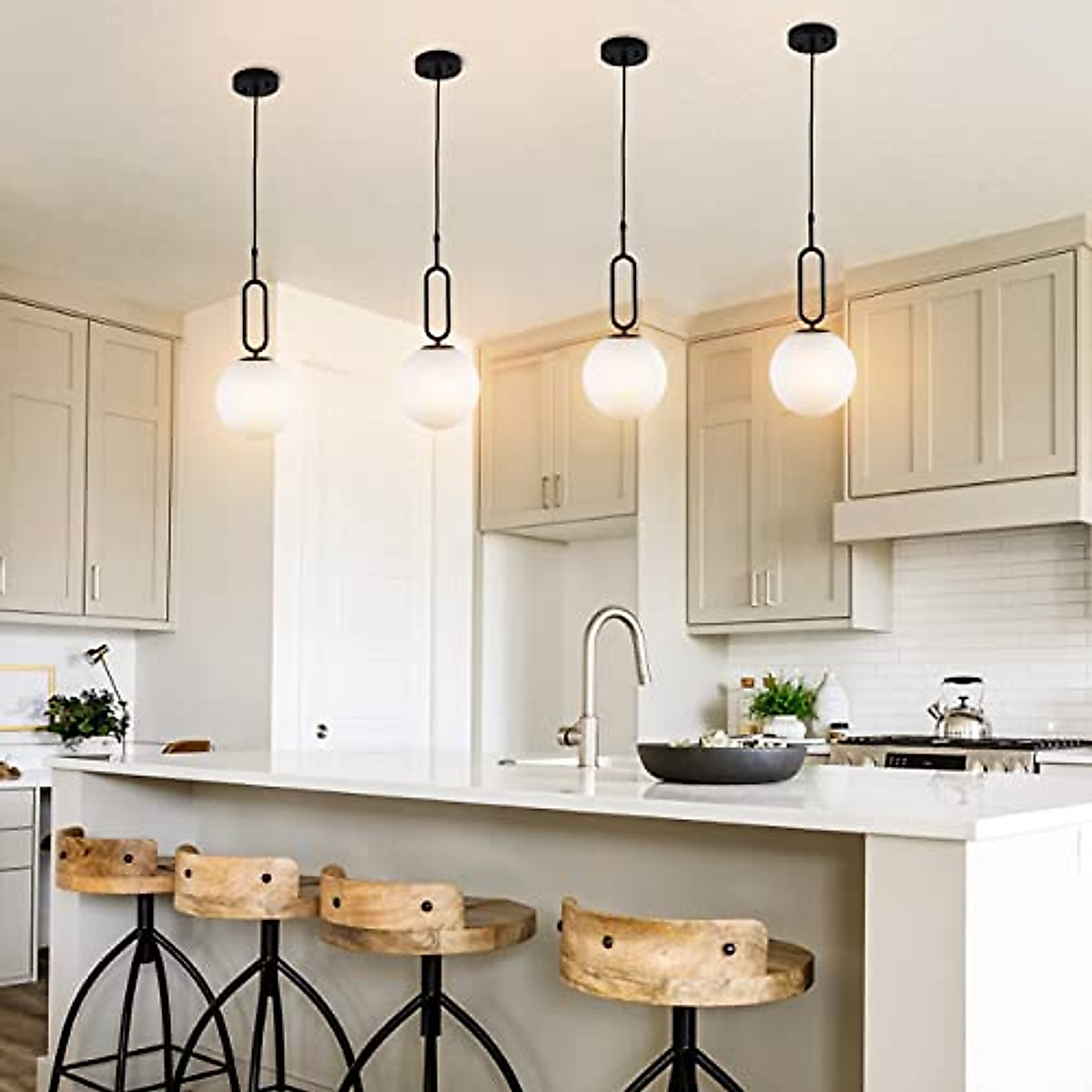 BAODEN Large Globe Pendant Light Set of 2 Modern Black Orb Chandelier with White Ball Glass Lampshade Industrial Ceiling Lamp Adjustable Hanging Lighting Fixture for Kitchen Island Dining Bedroom