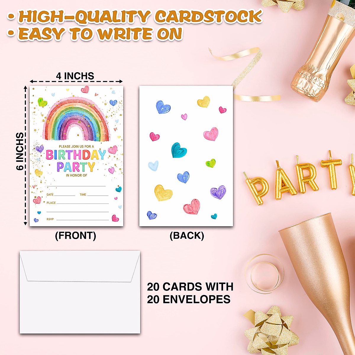 Chuxvon Birthday Party Invitations, Rainbow Heart Birthday Invitations, Double-Sided Fill In Birthday Invites, Birthday Party Favors Decorations Supplies, 20 Cards With 20 Envelopes(Invite-A02)