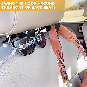 EcoNour Leather Car Seat Hooks (2 Pack Black) | Portable Bag Holder for Car to Keep Your Purse, Groceries & Handbags from Sliding Around | Headrest Hook with Crafted Stitches