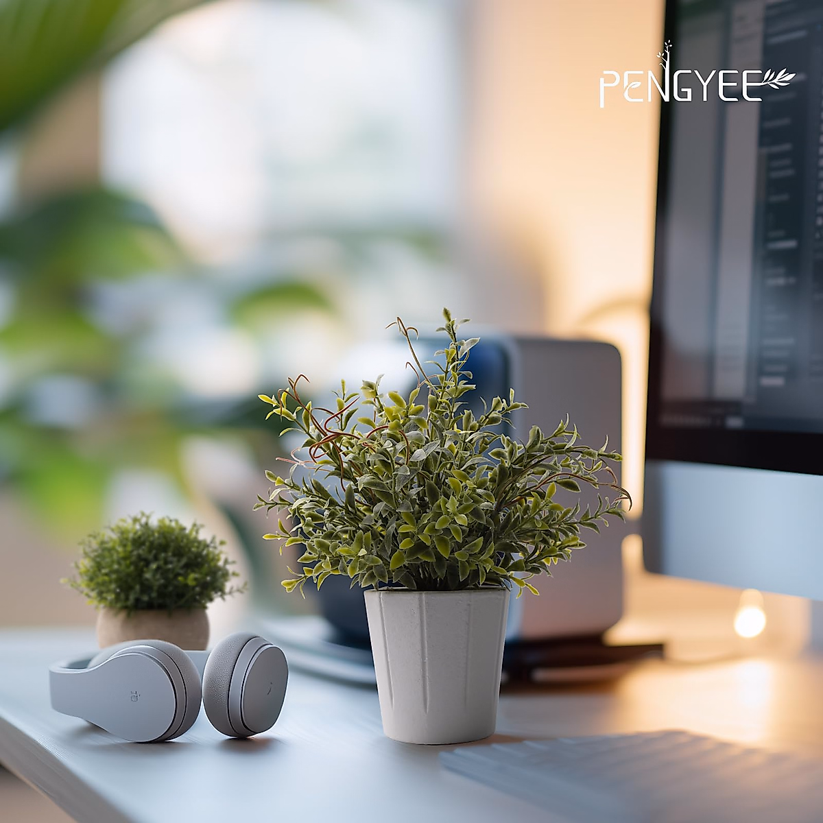 PENGYEE 4 Pack Small Fake Plants, Artificial Plants Indoor for Home Decor, Small Faux Plants Indoor, Fake Plants in White Pot for Bathroom Bedroom Kitchen Office Farmhouse Room Shelf Decor